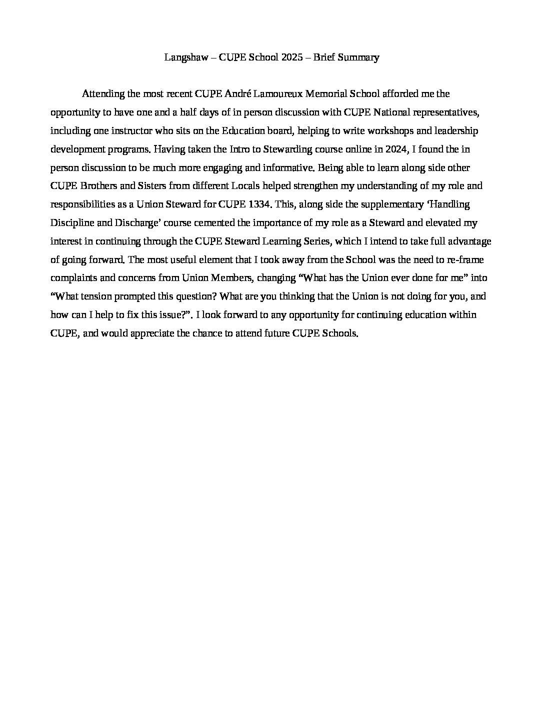 Langshaw – CUPE School 2025 – Brief Summary | CUPE 1334